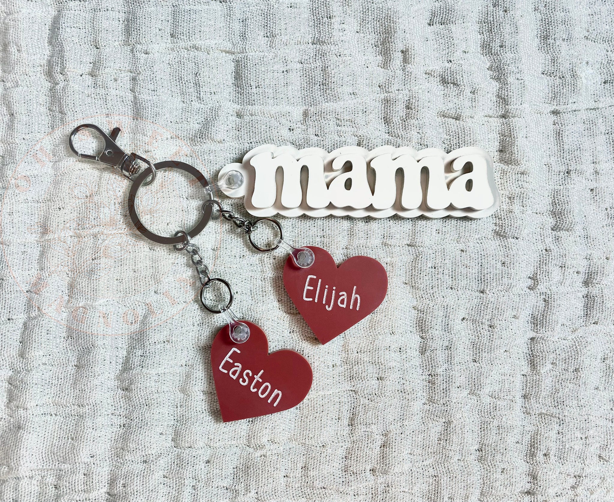 Monochromatic MAMA Keychain + Hearts Personalized Keychain